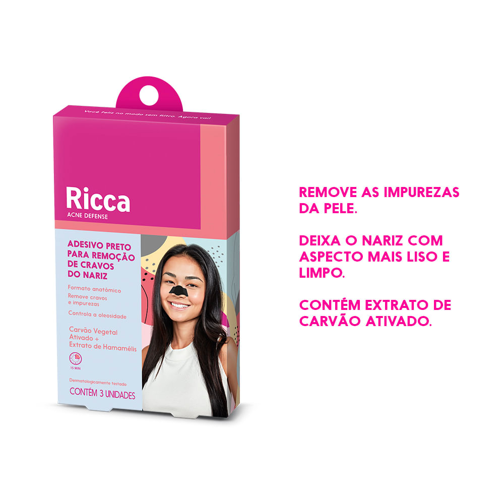 Adesivo Preto Para Remoção de Cravos Do Nariz Acne Defense Ricca - Ricca